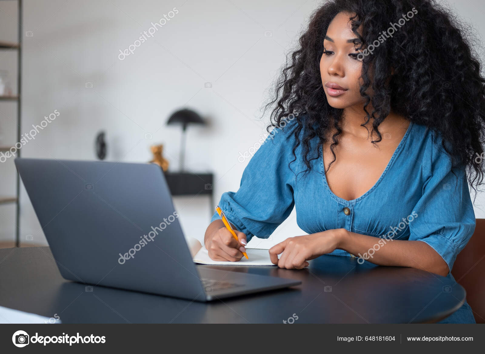 Black Young Woman Take Note Notebook Looking Laptop Computer Screen ...