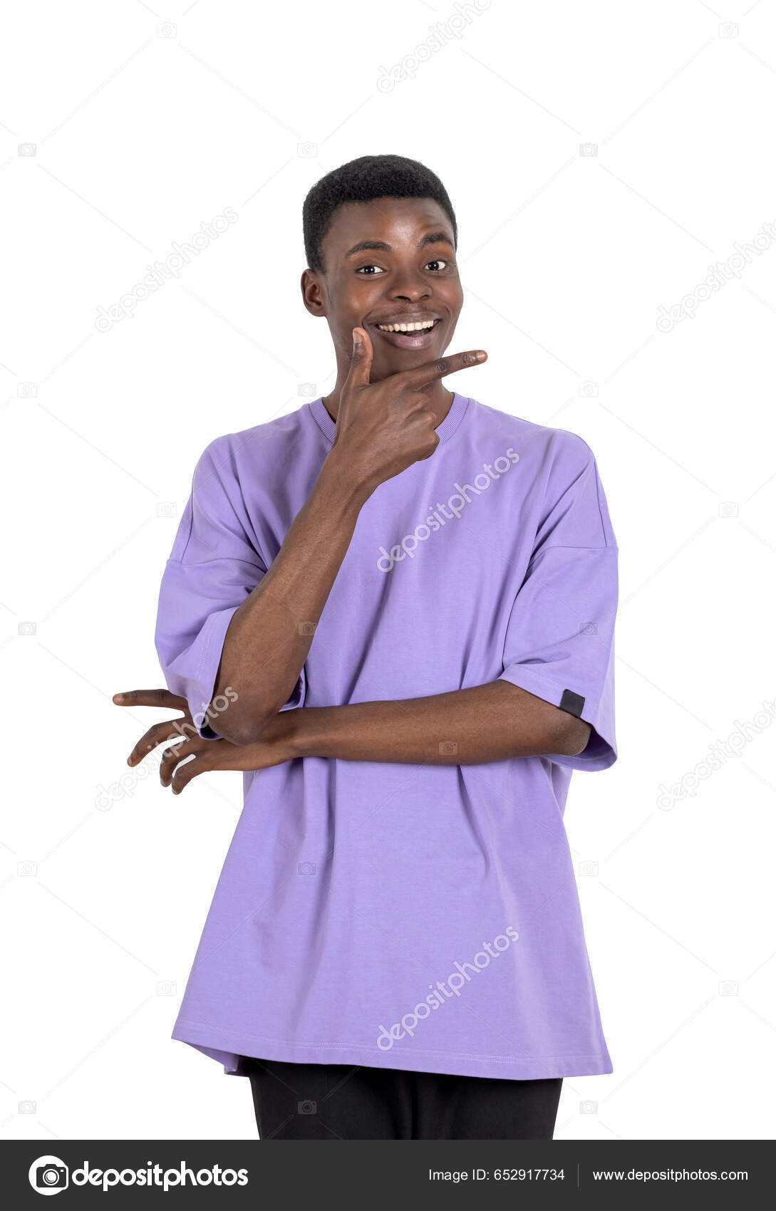Black Young Man Purple Shirt Smiling Inspired Look Finger Pointing ...