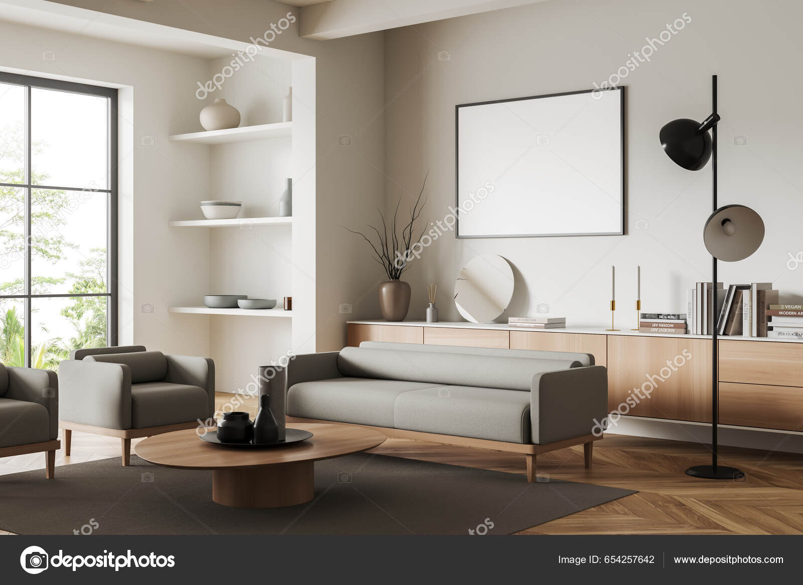 White Living Room Interior Armchairs Sofa Side View Drawer Shelf ...