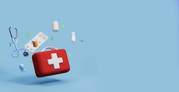 Red First Aid Kit Medical Tools Flying Empty Blue Background — Stock ...
