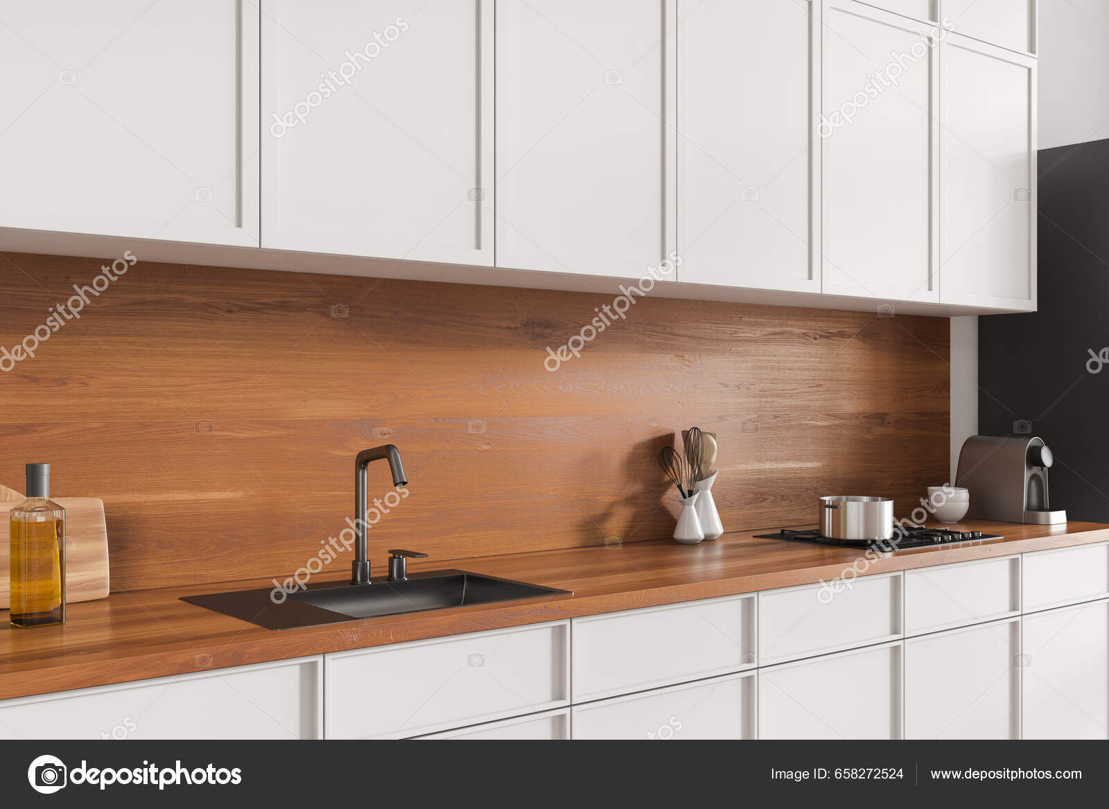 White Kitchen Interior Sink Side View Stove Modern Kitchenware Cooking ...