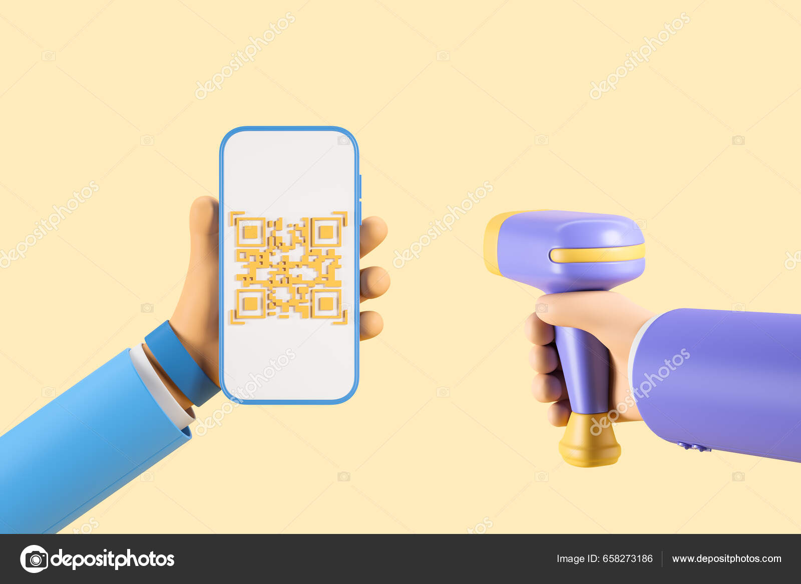Cartoon Hand Mit Handscanner Und Smartphone Mit Leerem Bildschirm Und ...