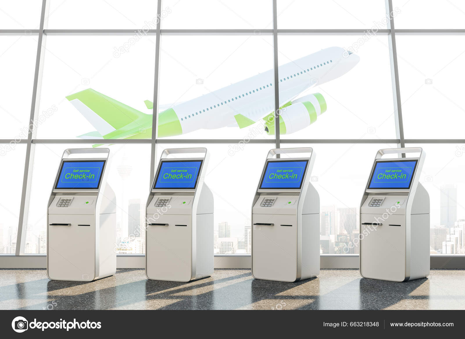 Interior Modern Airport Row Self Service Check Kiosks Passengers Taking ...