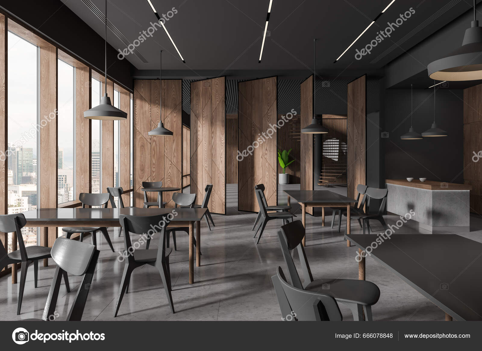 Dark Cafeteria Interior Chairs Table Row Cooking Zone Bar Counter Stock ...