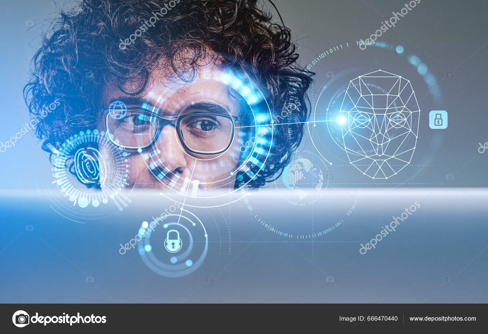 Businessman Computer Portrait Eyeglasses Digital Biometric Scanning ...