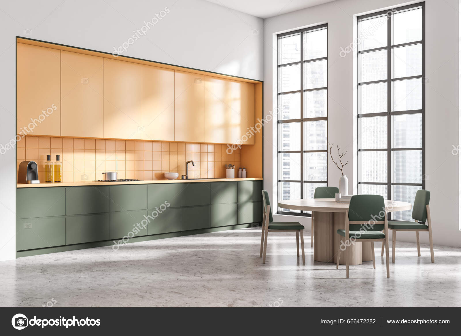 Corner View Bright Kitchen Room Interior Cupboard Panoramic Window ...