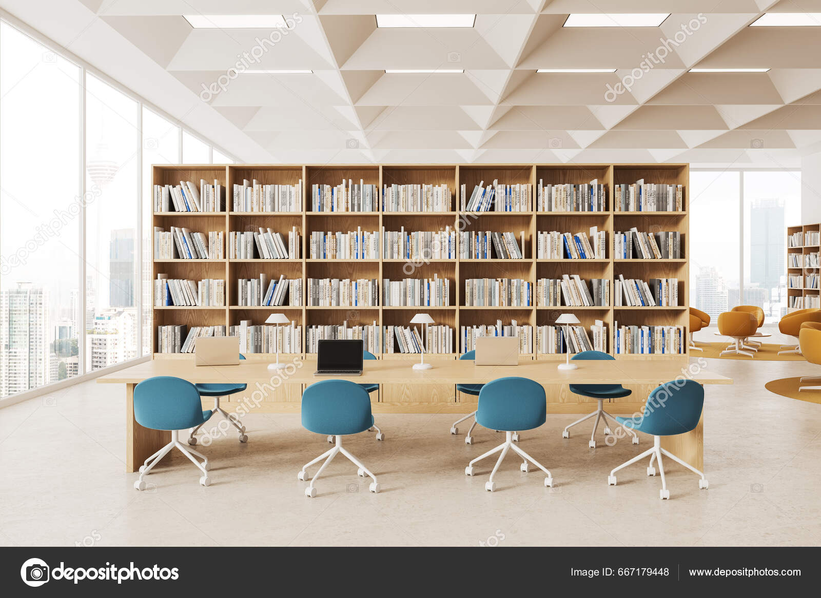 Interior Modern Public Library Reading Room White Walls Panoramic ...