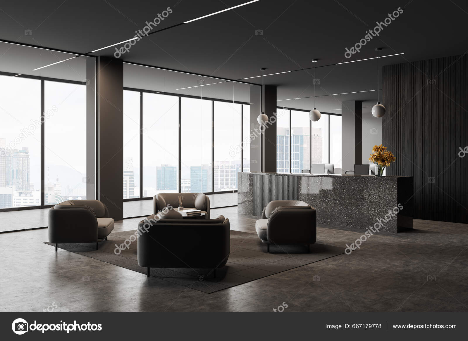 Dark Office Interior Reception Desk Side View Waiting Corner Armchairs ...