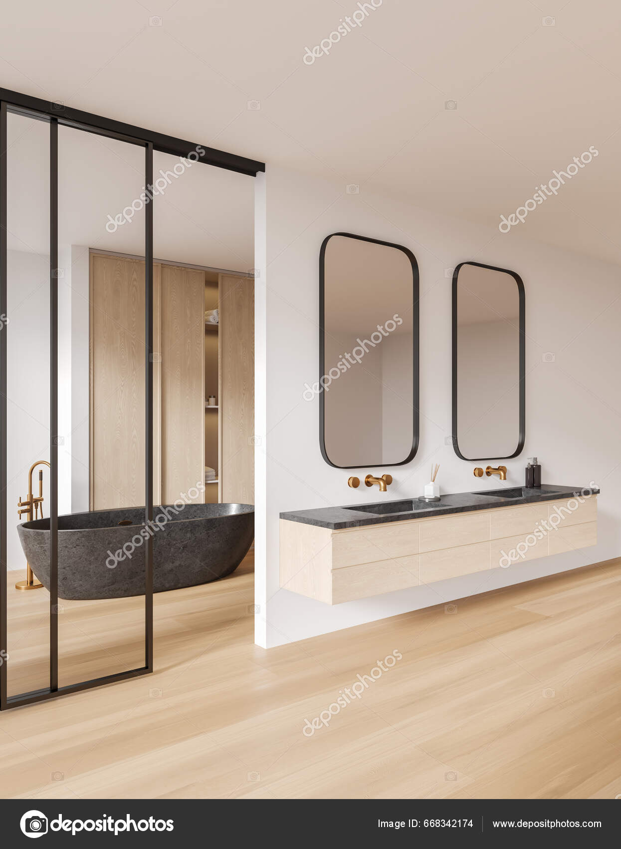 Luxury Home Bathroom Interior Double Sink Floating Vanity Side View ...