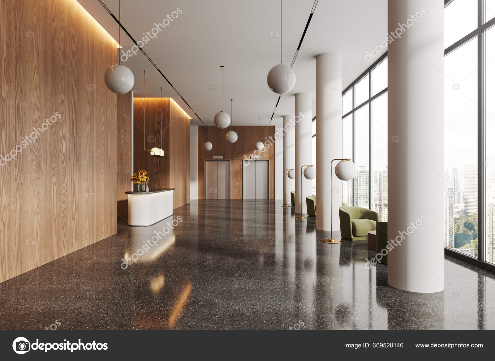 Wooden Reception Interior Lobby Armchairs Coffee Table Desk Decoration ...