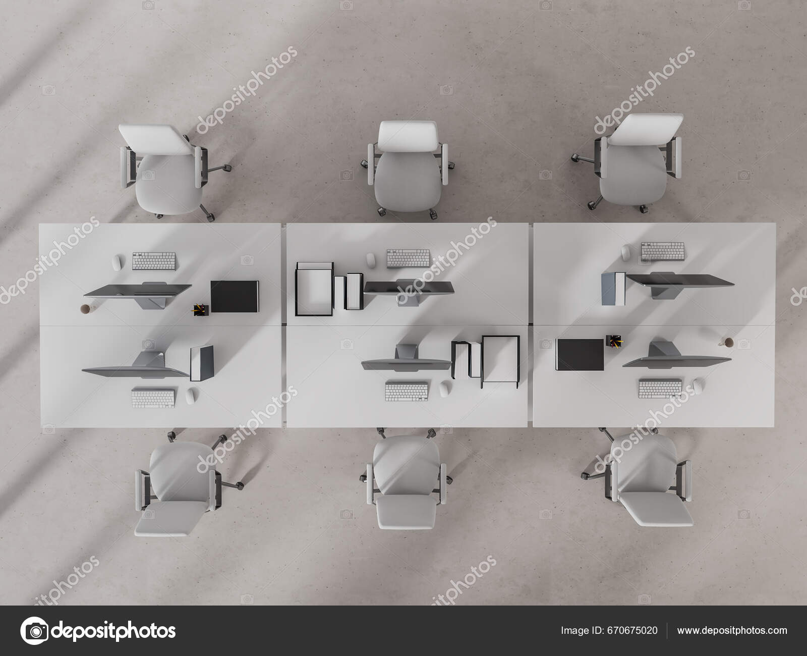 Top View Office Interior Desktop Table Six White Armchairs Row Stock ...
