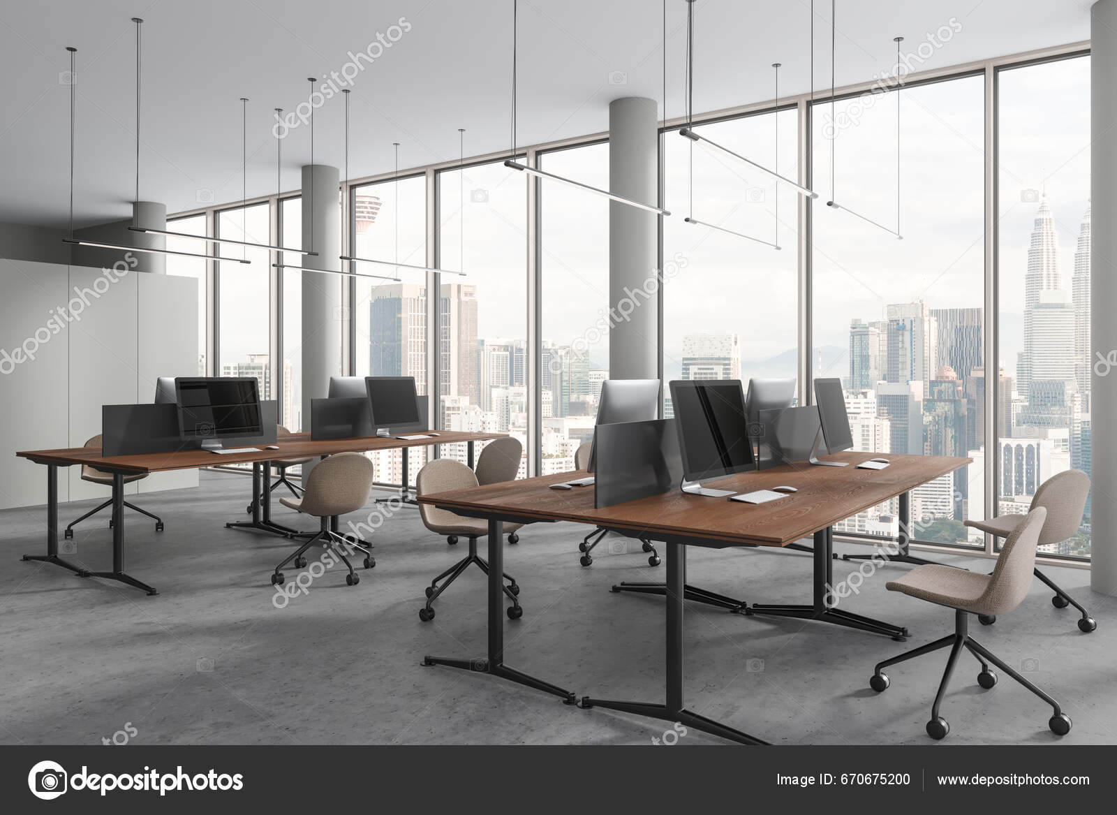 White Workspace Interior Chairs Computer Side View Light Concrete Floor ...