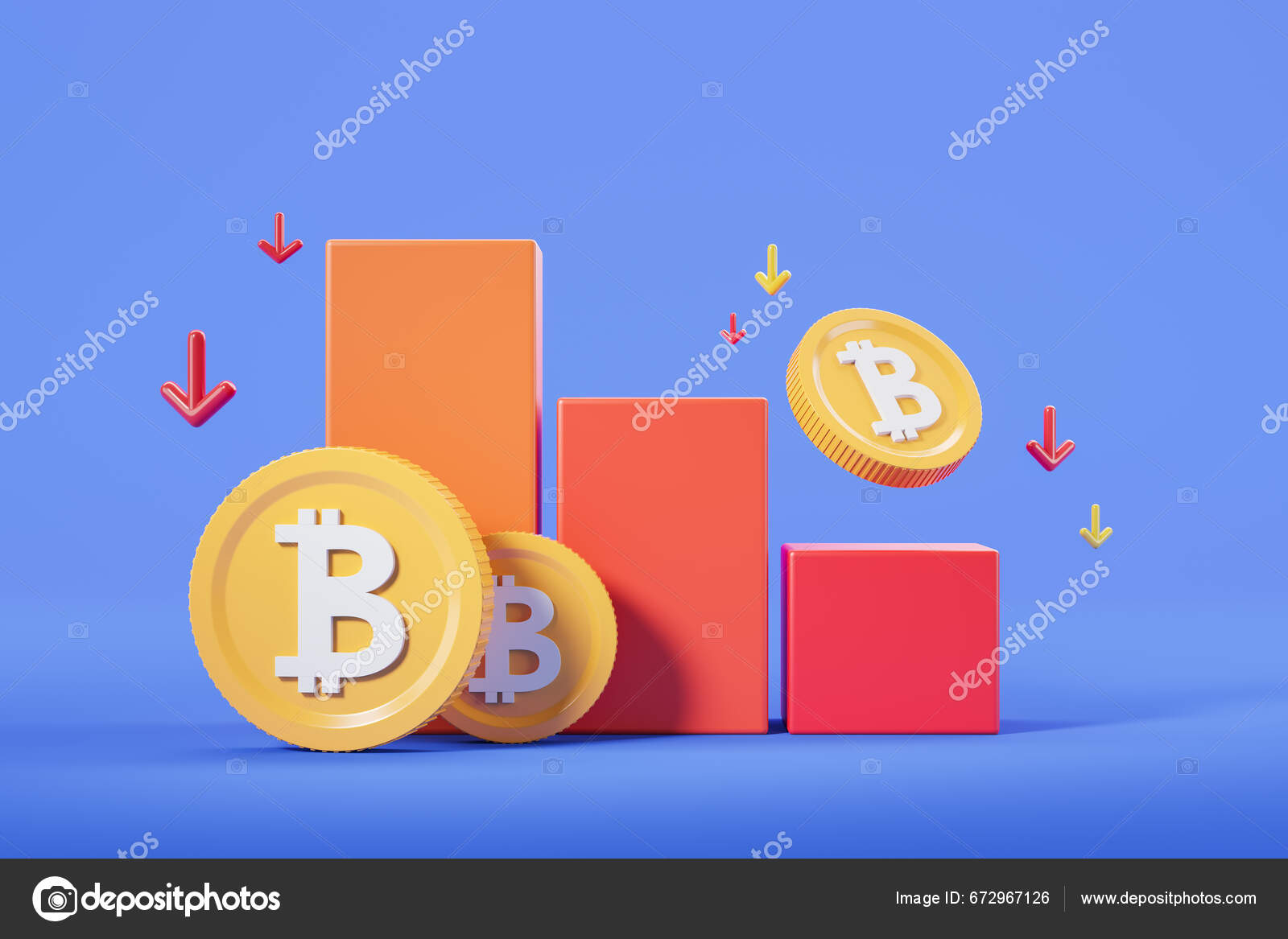 View Bitcoins Red Falling Bar Chart Arrows Pointing Blue Background ...