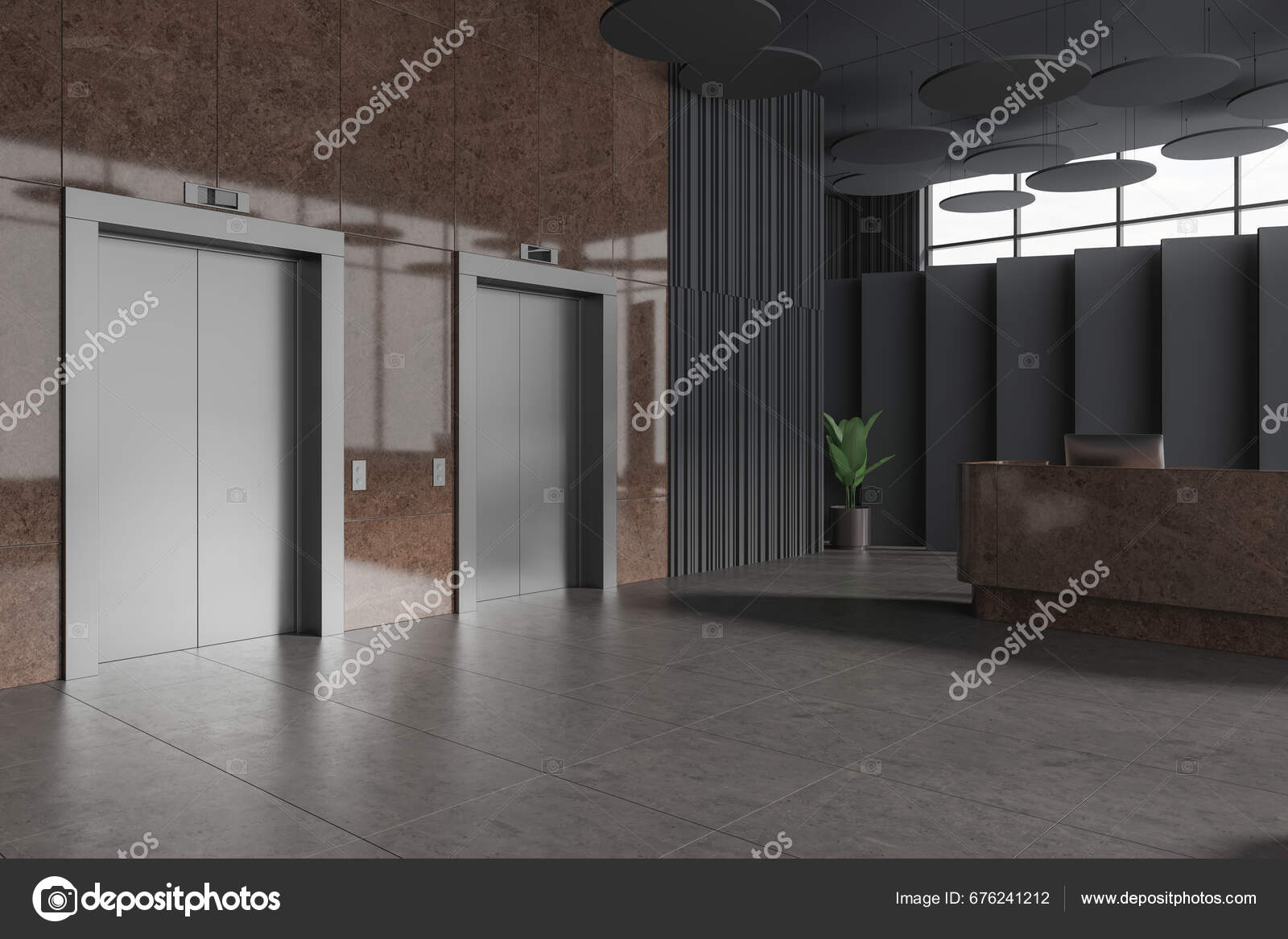 Modern Business Interior Lobby Two Elevators Side View Brown Marble ...