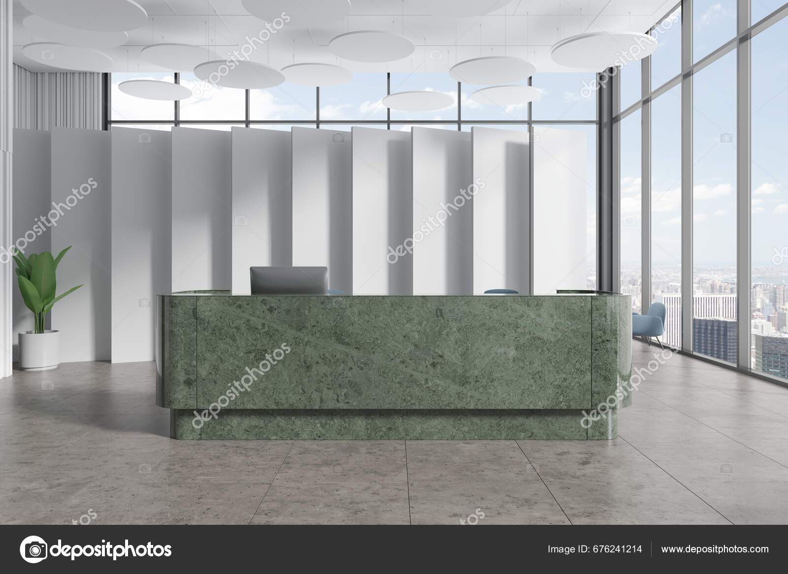 Modern Office Interior Lobby Green Marble Reception Desk Computer Tile ...