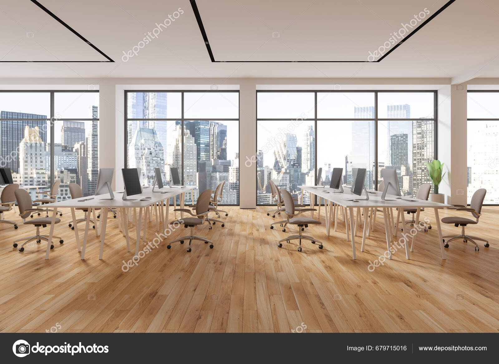 Interior Modern Open Space Office White Walls Wooden Floor Row — Stock ...
