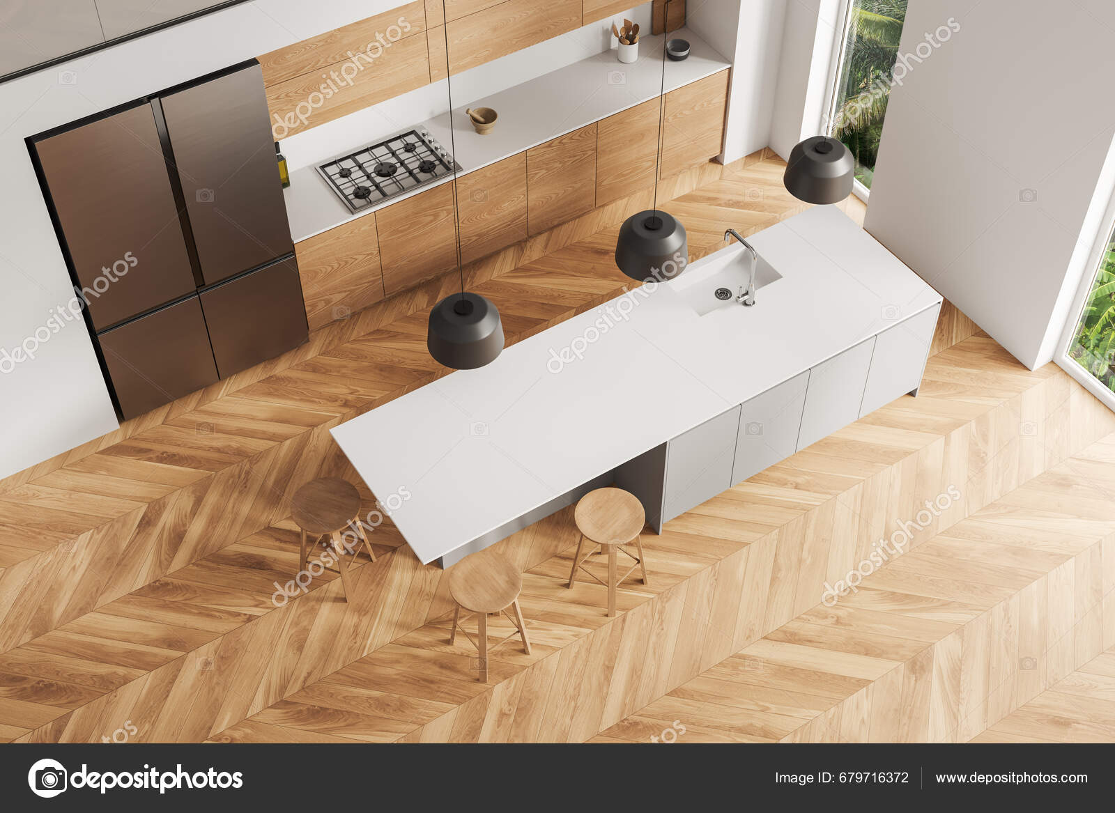 Top View Modern Kitchen Interior White Walls Wooden Floor Wooden Stock ...