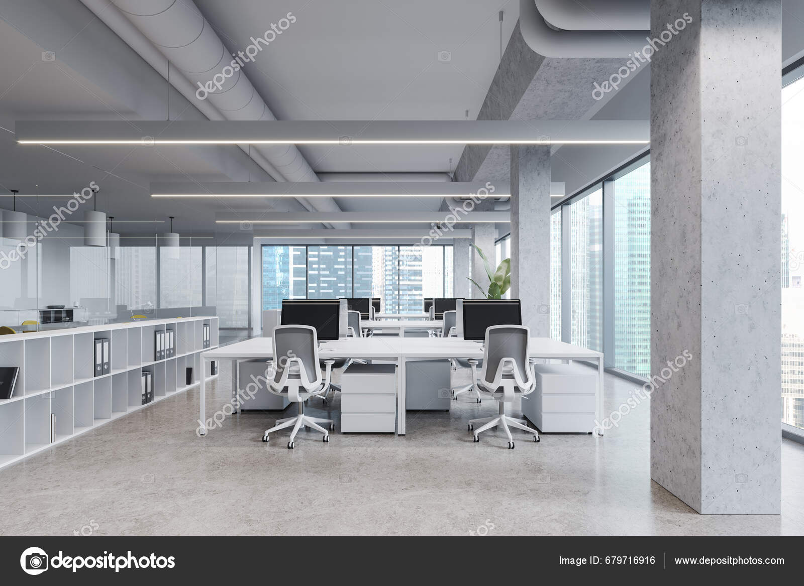 Modern Coworking Interior Computers Desk Row Shelf Documents Stylish ...