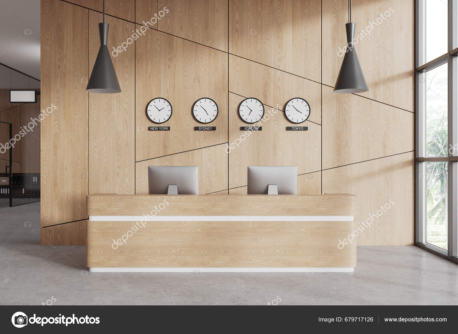 Wooden Reception Room Interior Desk Two Computers Clocks Wooden Wall ...