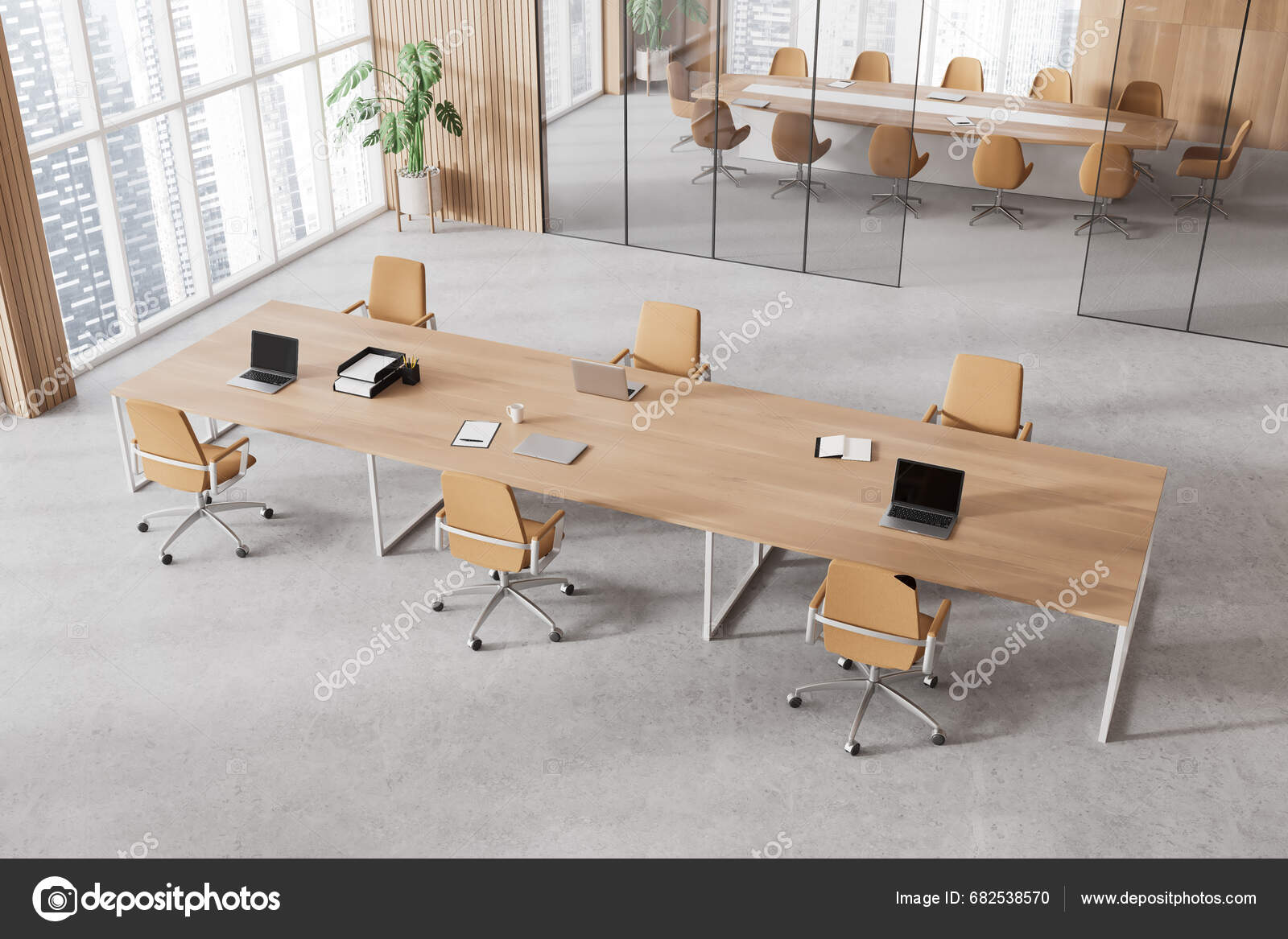 Top View Modern Open Space Office Interior Wooden Walls Concrete ...