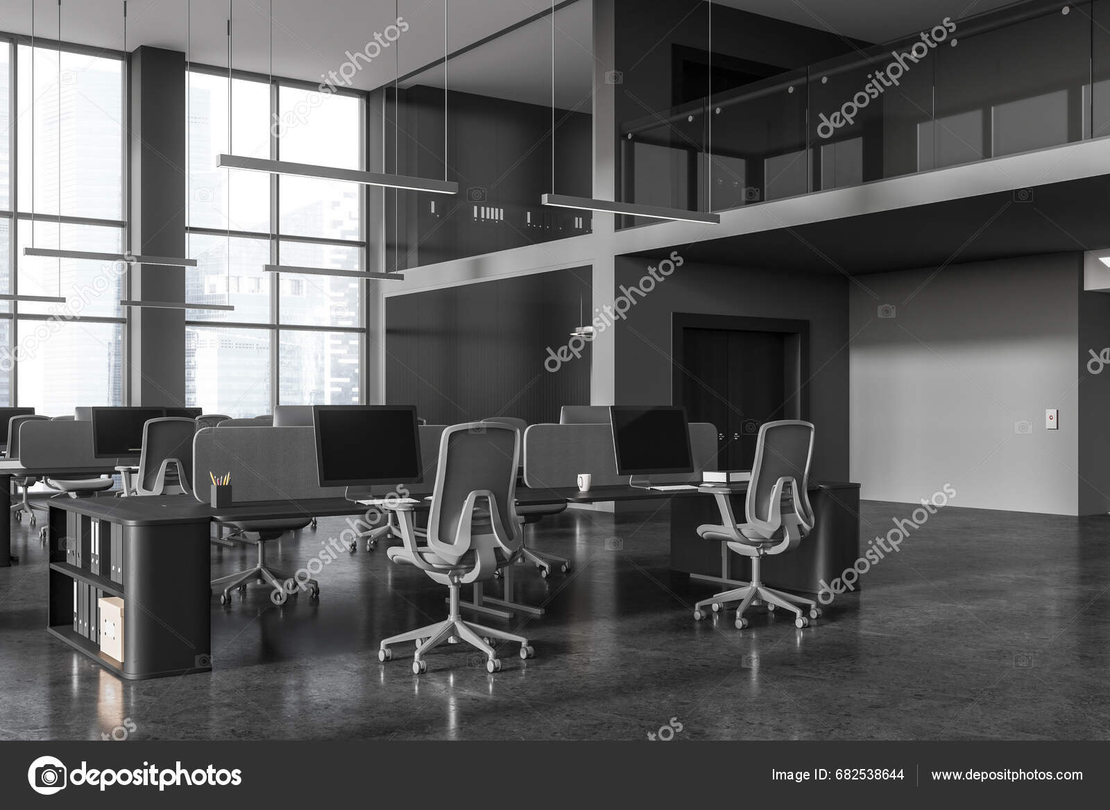 Dark Coworking Interior Computers Desk Row Side View Two Storey — Stock ...