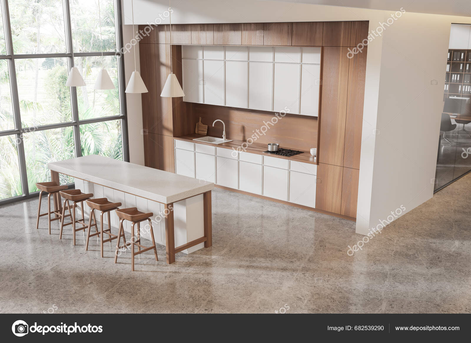 Top View Luxury Office Kitchen Interior Bar Counter Cooking Cabinet ...