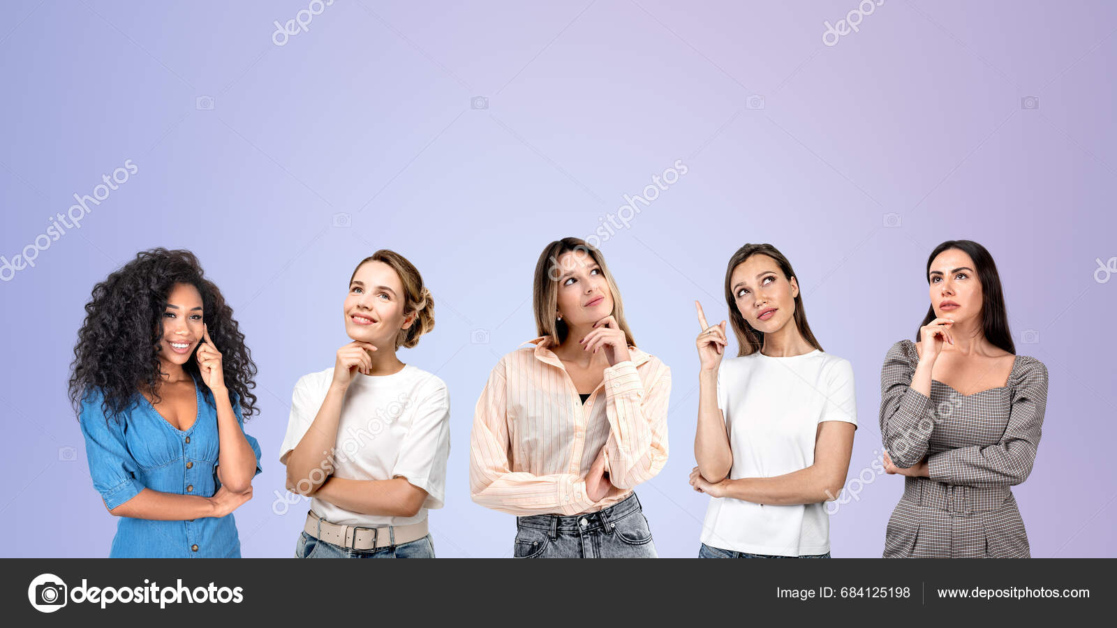 Dreaming Thinking Portraits Multinational Young Women Row Smiling ...