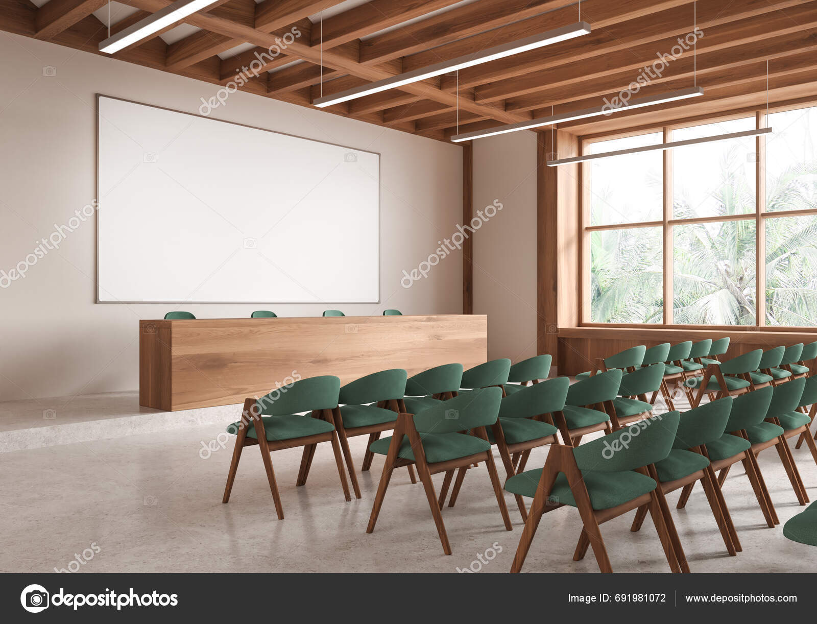 Beige Wooden Auditorium Interior Desk Chairs Row Side View Panoramic ...