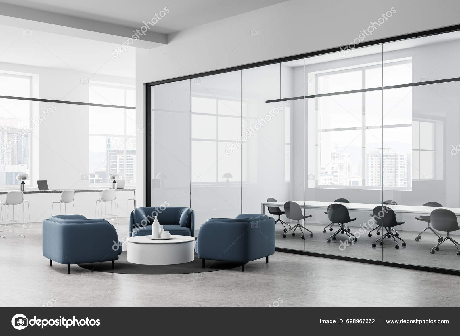 Corner View White Office Interior Relax Place Armchairs Coffee Table ...