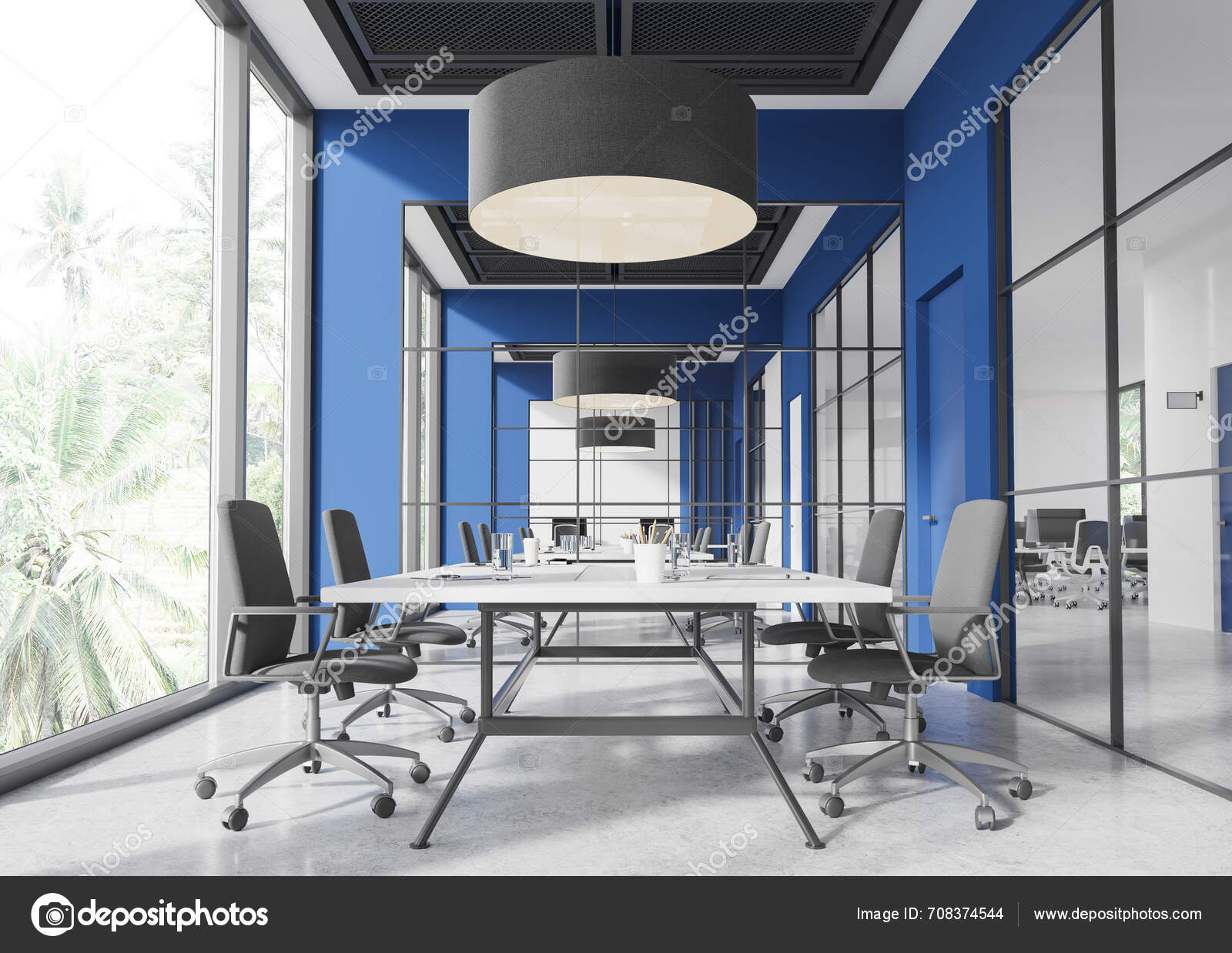Interior Modern Office Meeting Room Blue Walls Concrete Floor Long ...