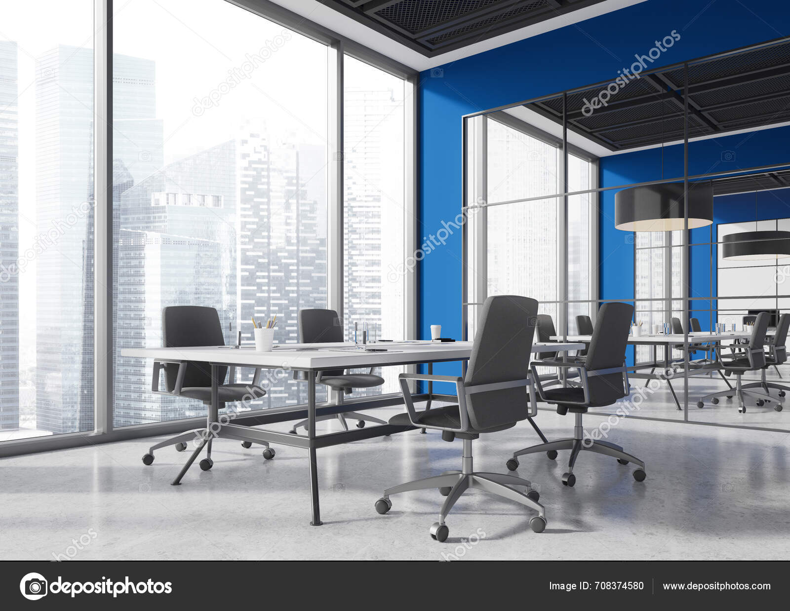 Corner Modern Office Meeting Room Blue Walls Concrete Floor Long ...