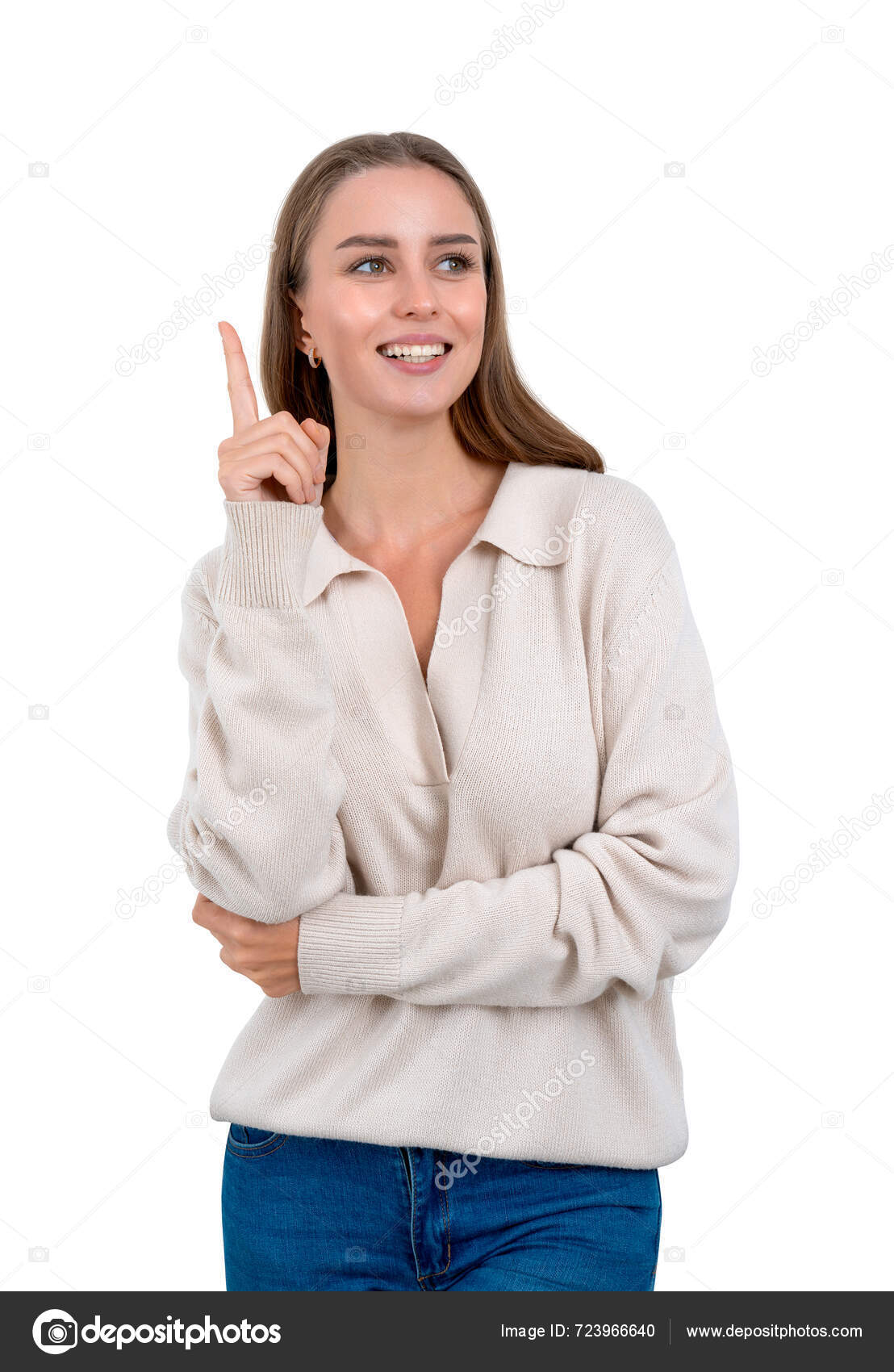 Smiling Woman Pointing Upwards One Finger Isolated White Background ...