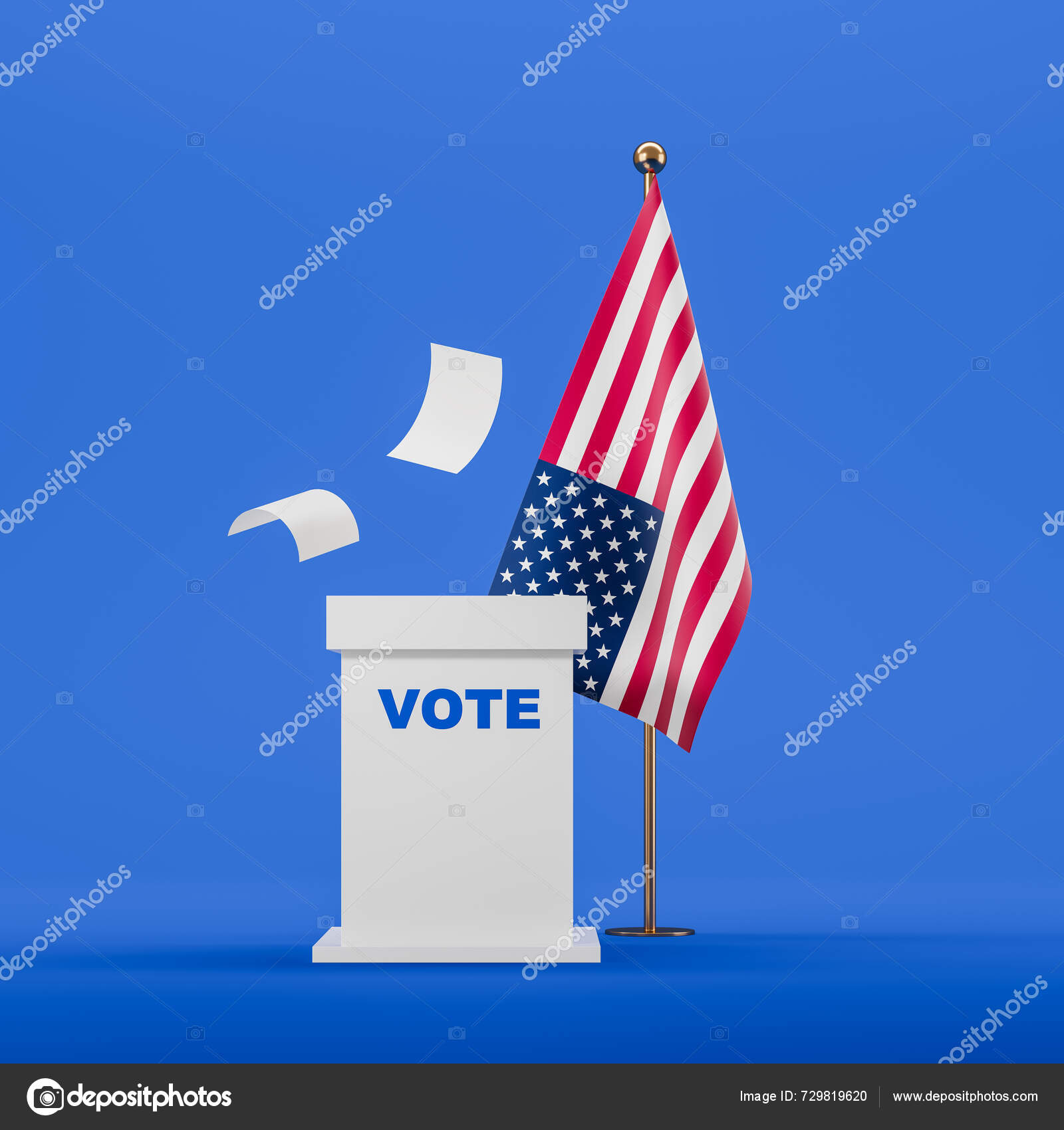 American Flag Podium Blank Papers Flying Ballot Box Blue Background ...