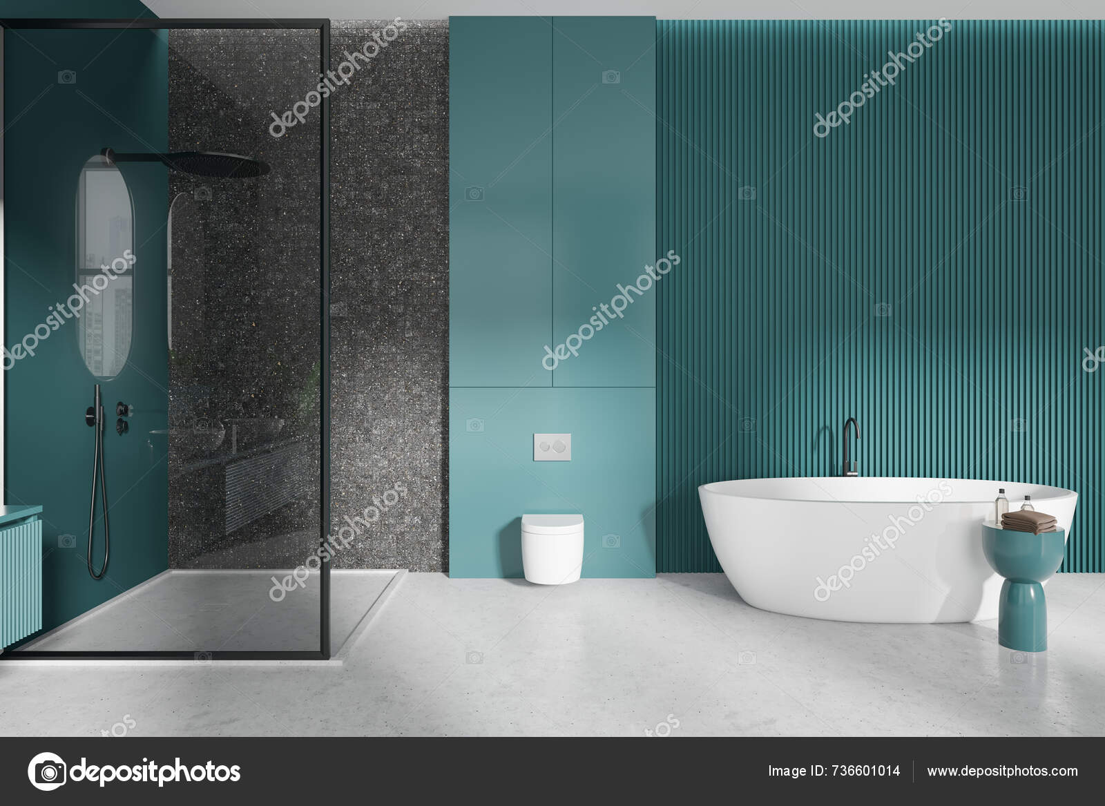 Modern Bathroom Teal Accents Freestanding Bathtub Walk Shower Black ...