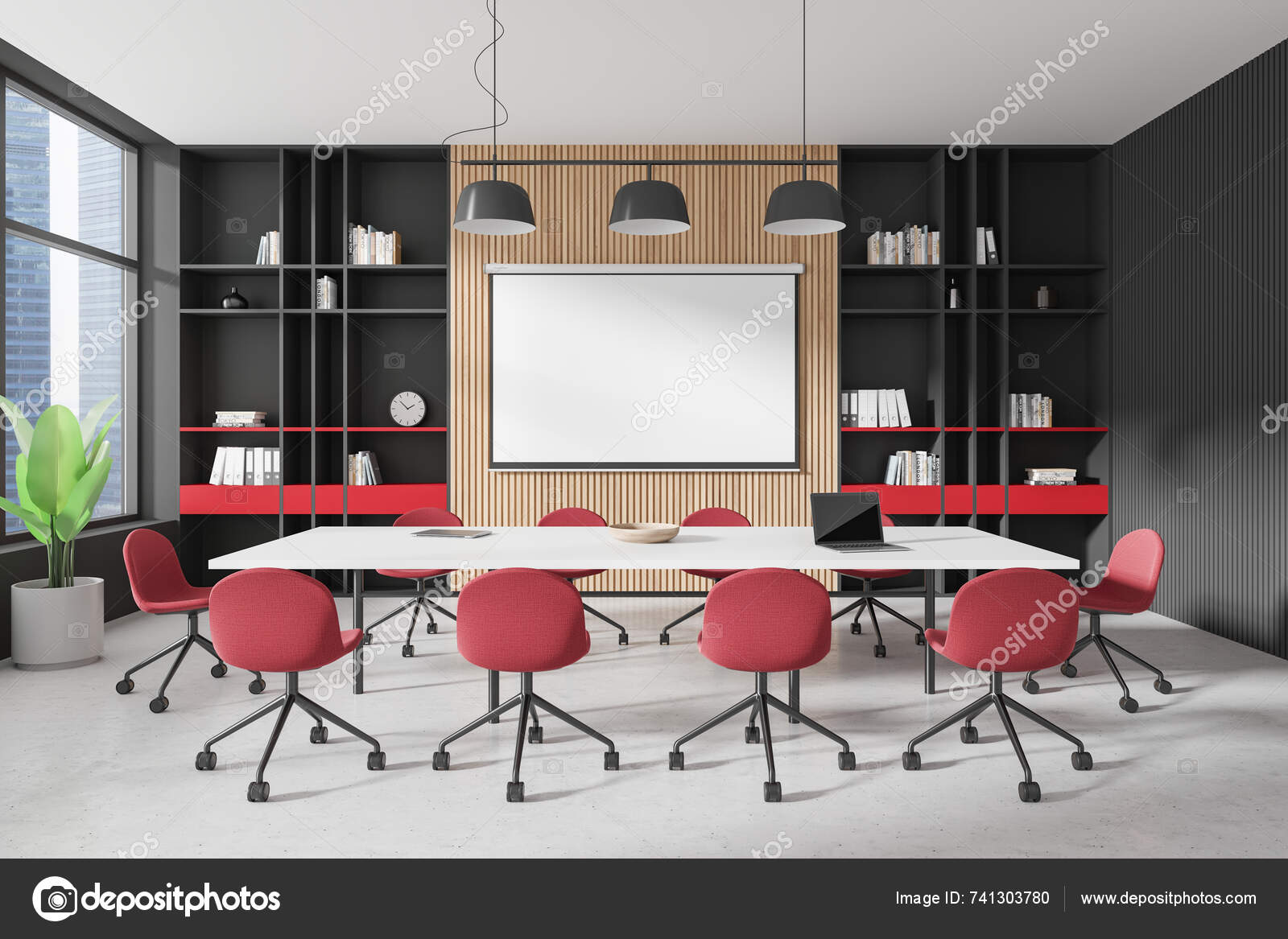 Modern Conference Room Red Chairs White Table Large Window Shelves ...