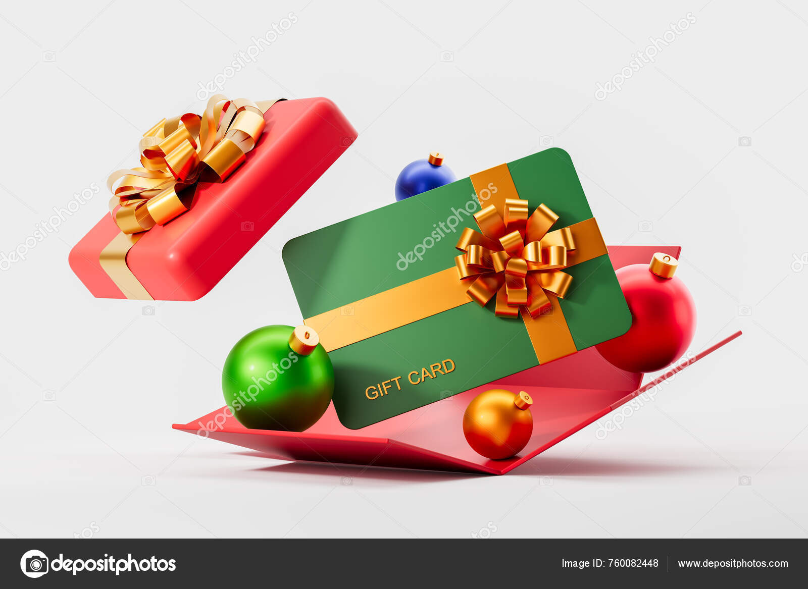 Opened Red Box Green Gift Card Golden Ribbon Colorful Christmas — Stock ...