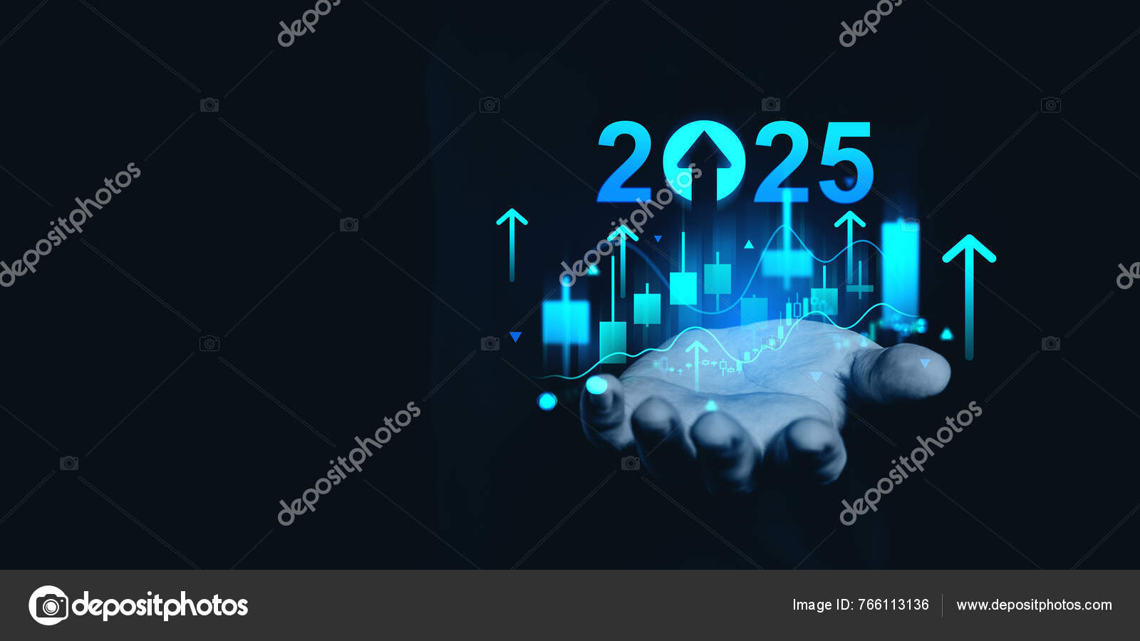 Hand Holding Rising Financial Charts 2025 Text Glowing Blue Arrows ...