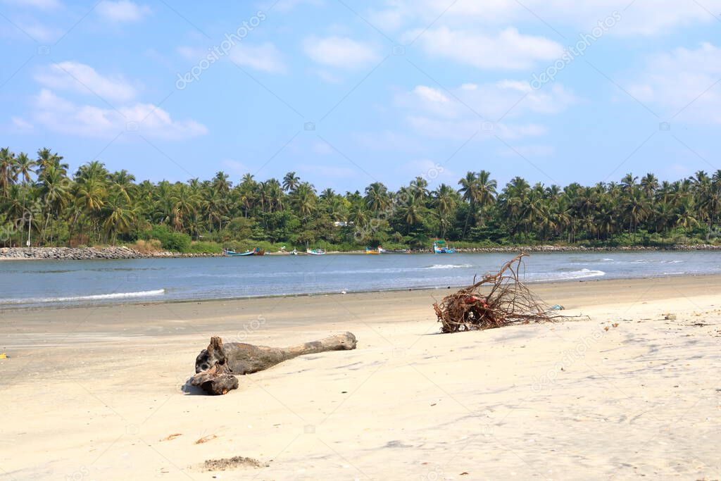 el lago y remansos detrás de la playa de Dharmadam en Kannur, Kerala en ...