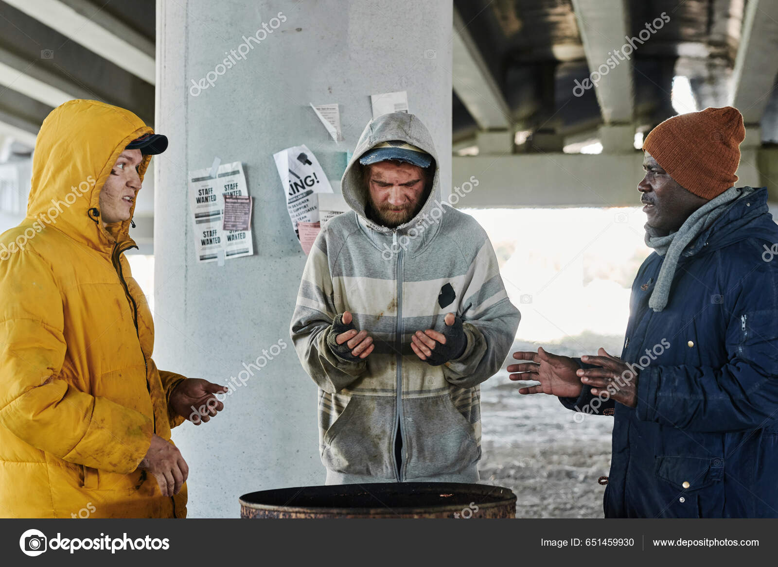 Homeless People Torn Dirty Clothes Standing Barrel Fire Warming Hands ...
