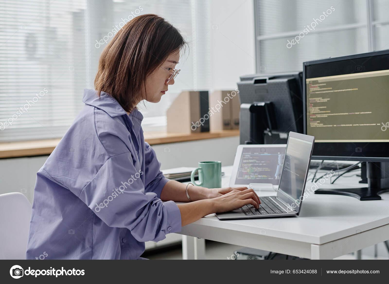Asian Young Woman Writing Codes Laptop While Working Her Workplace — Stock Photo © annas.stills ...