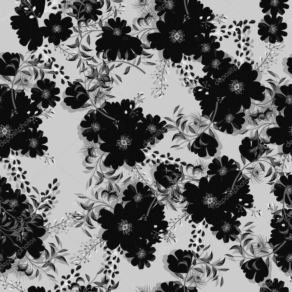 Patrón floral completo sin costuras con margaritas sobre un fondo blanco y negro. Vector para la ...