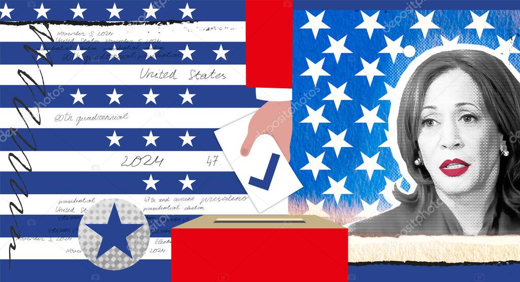 Collage fotografía ilustrativa de la demócrata Kamala Harris y una mano ...