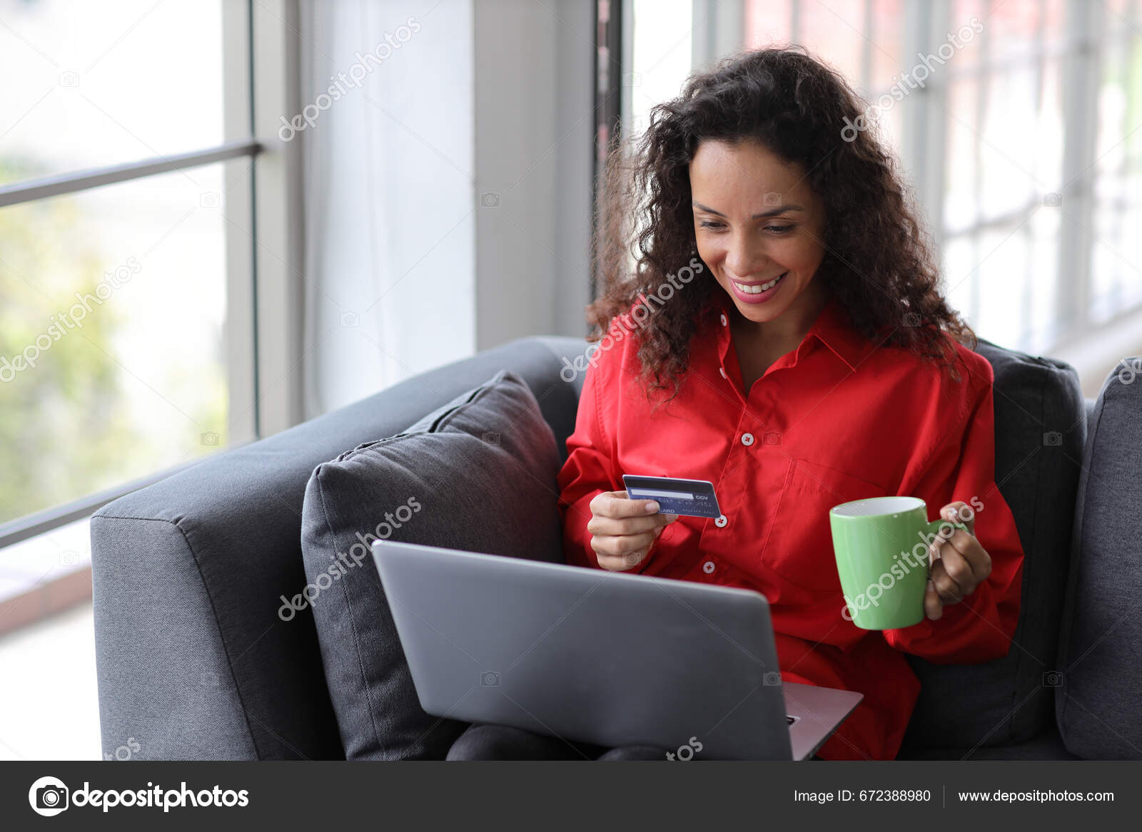Happy Woman Sitting Using Computer Holding Credit Card Online Payment ...