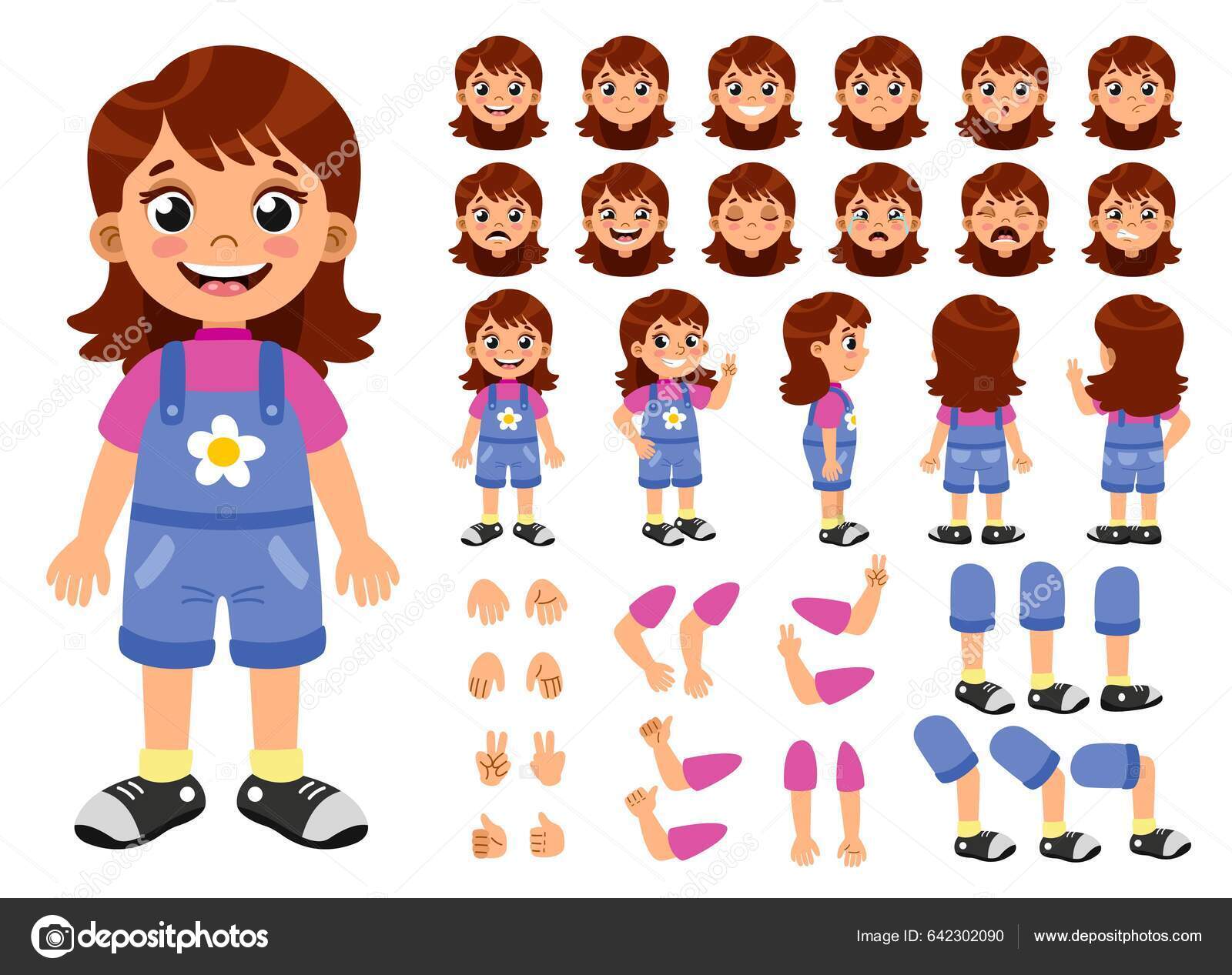 Girl Set Animation Arms Legs Head Character Different Emotions Facial ...