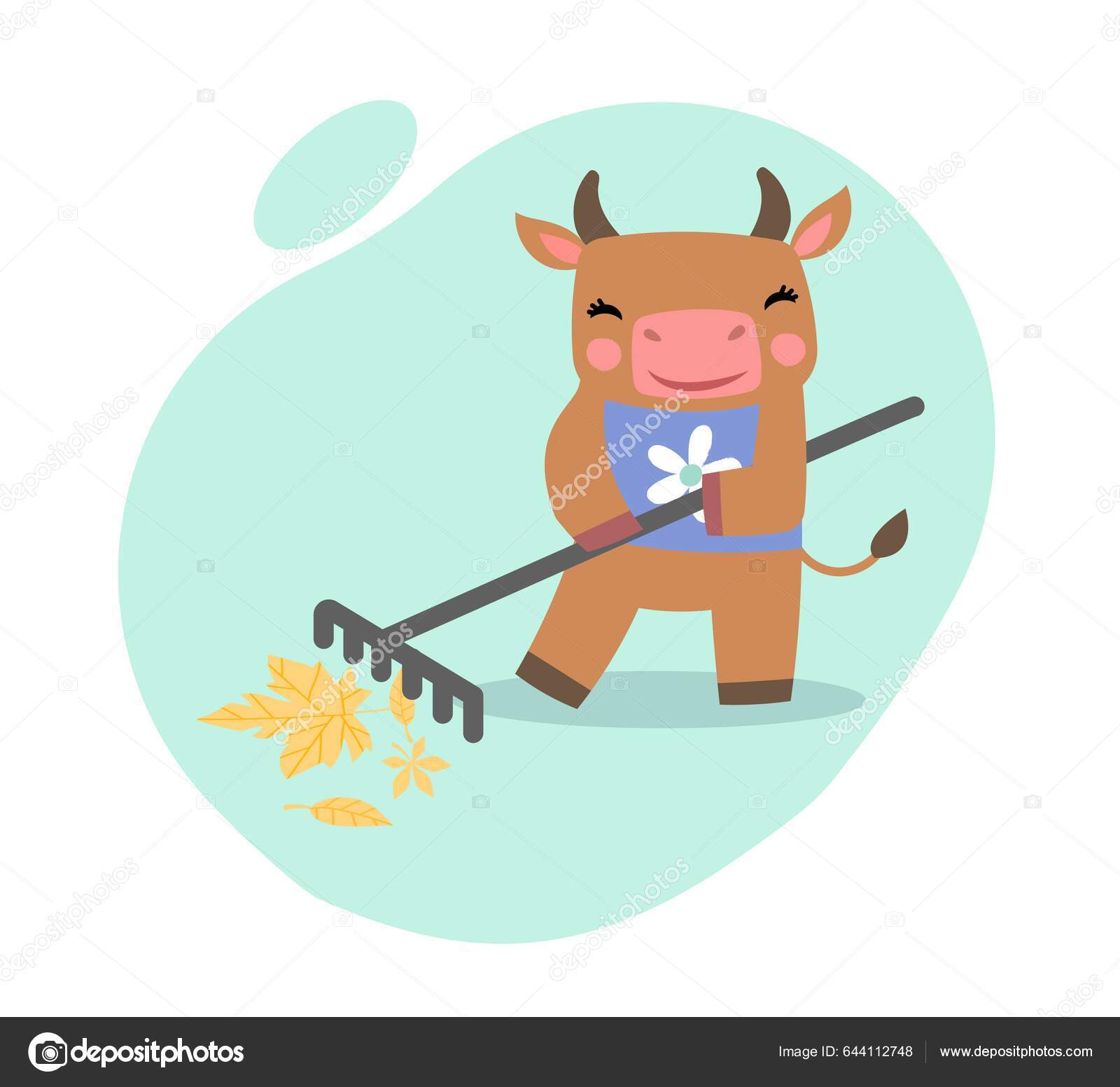 Cute Cow Rakes Animal Tool Collects Yellow Leaves Farm Character Stock ...