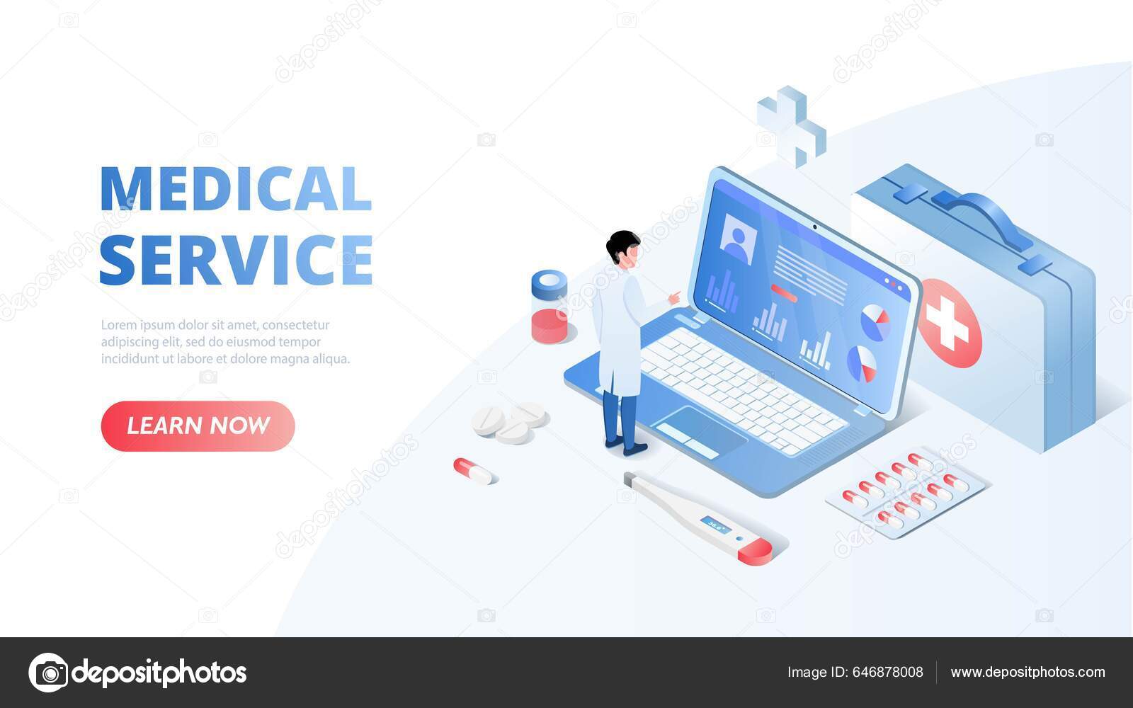 Medical Service Concept Man Medical Gown Stands Next Thermometer Bag ...