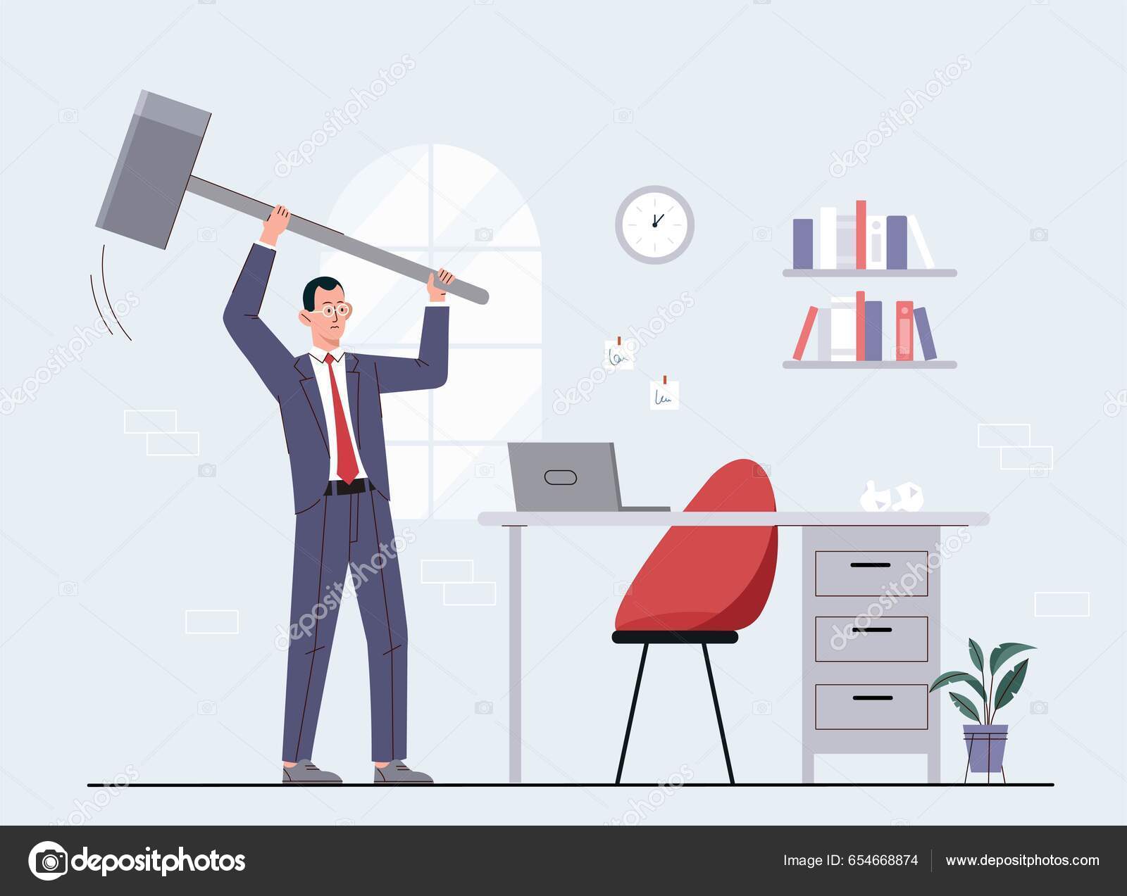 Man Breaks Computer Young Guy Workplace Breaks Table Monitor Hammer ...