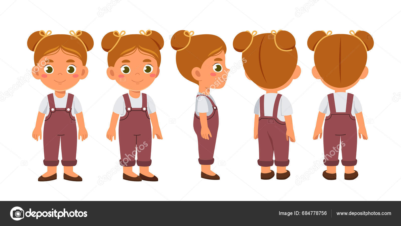 Character Girl Set Kid Casual Clothes Different Angles Schooler ...