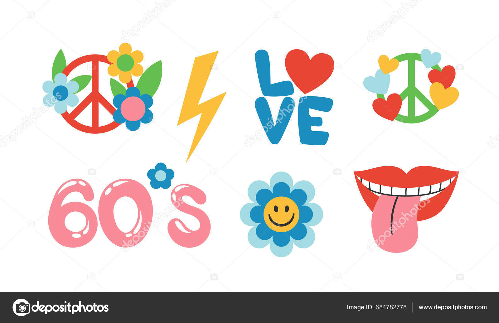 Hippie Stickers Set Retro Style Back 80S 90S Flower Mouth Stock Vector ...
