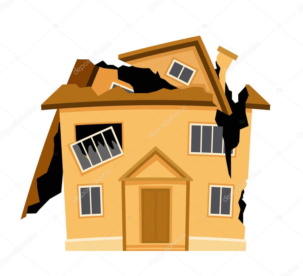 Edificio roto en ruinas. Casa amarilla después del desastre y la ...
